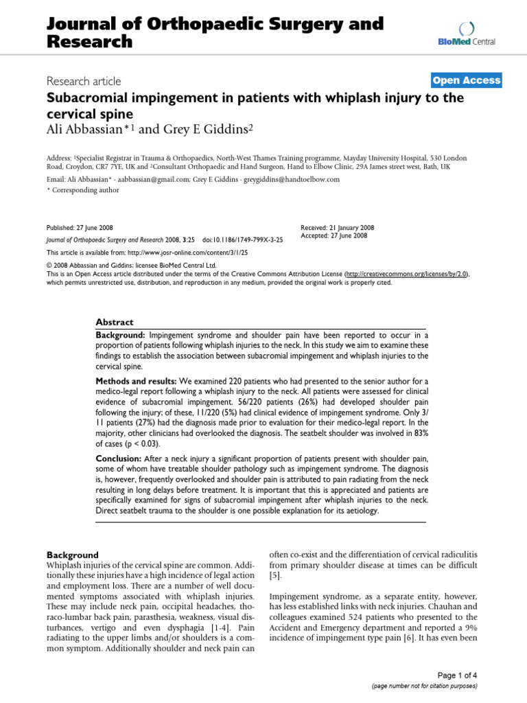 Subacromial Impingement in Patients With Whiplash Injury To The Cervical Spine | PDF ...