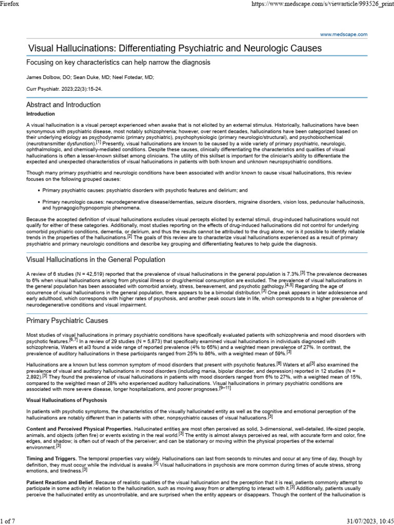 Visual Hallucinations - Differentiating Psychiatric and Neurologic ...