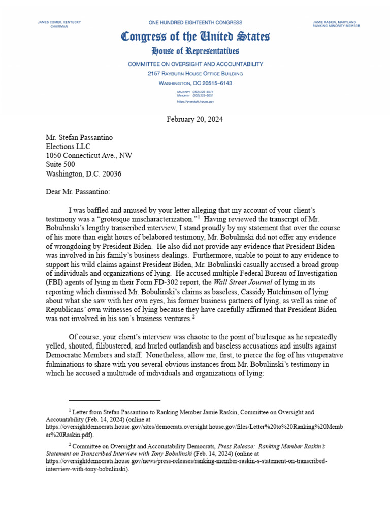 Letter From Rep. Jamie Raskin To Stefan Passantino | PDF