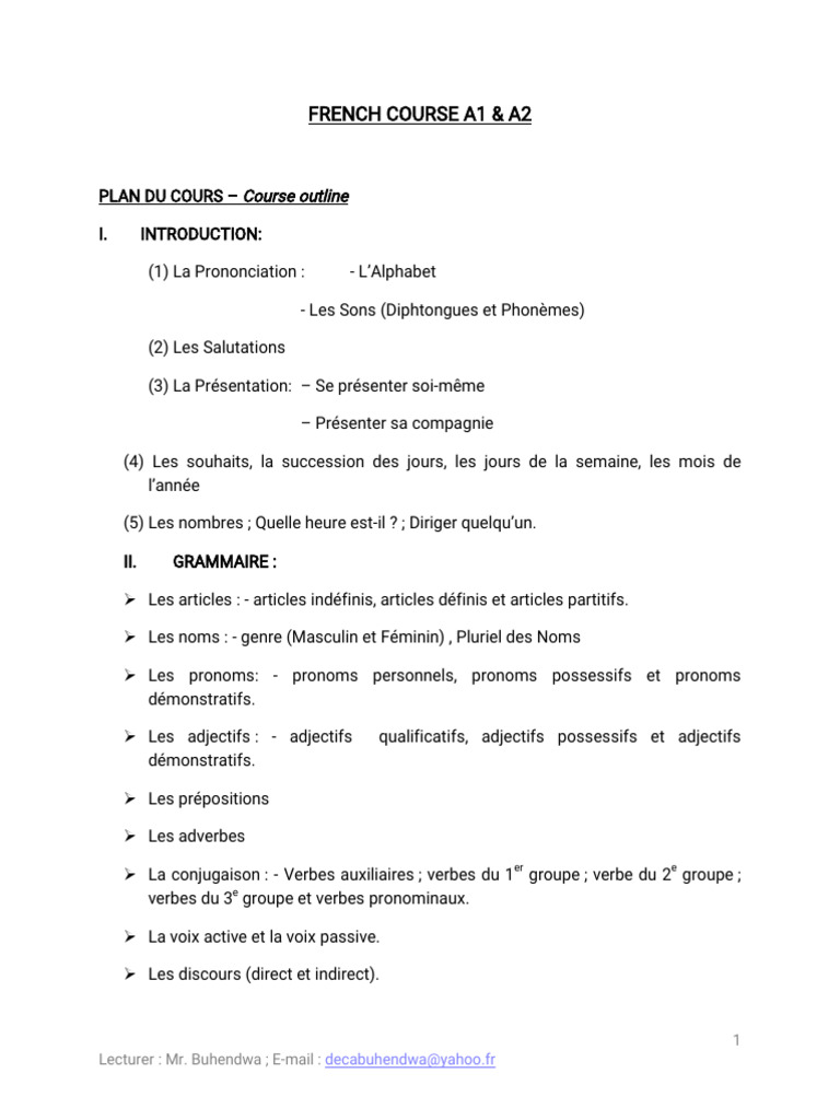 Cours de Français A1 & A2: Plan détaillé | PDF