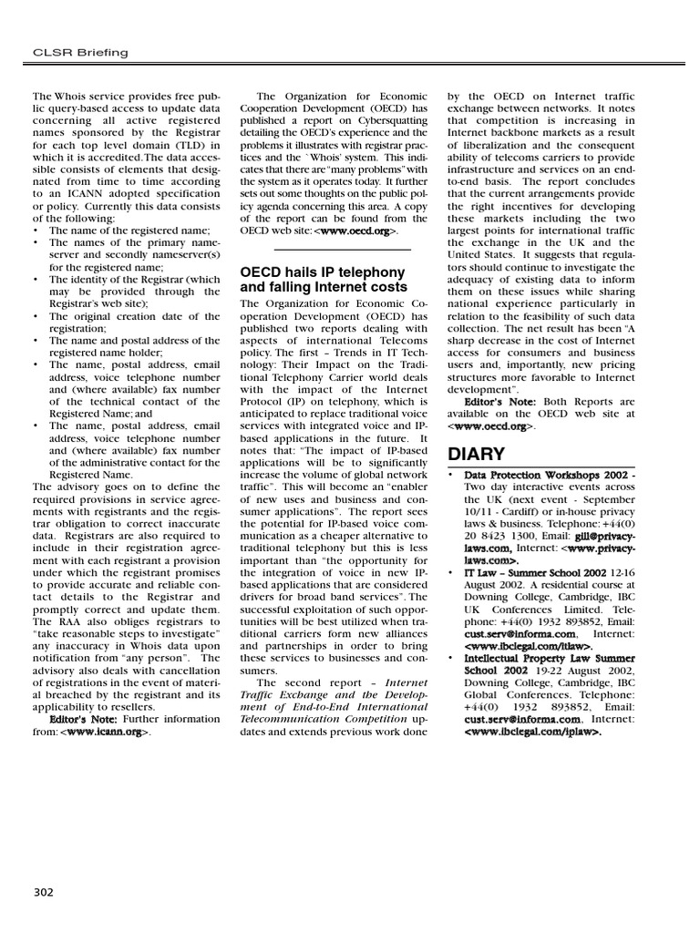 DIARY 2002 Computer Law Security Review | PDF | Internet | Domain Name Registrar