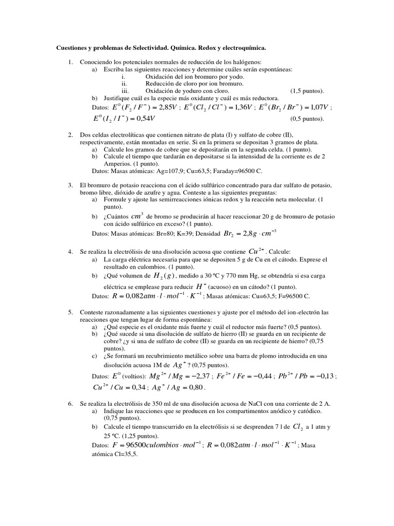 Cuestiones y Prob. Qu-M. Select. Redox y Electroqu-M | PDF | Redox | Ácido