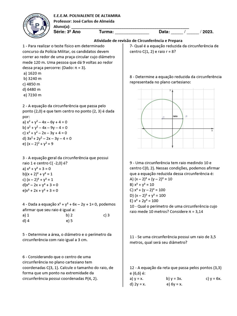3º Bimestre Ativ de Revisão de Circunferência e Prepara | PDF | Círculo | Matemática