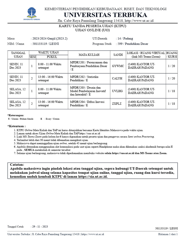 KTPU Ujian Online Universitas Terbuka | PDF
