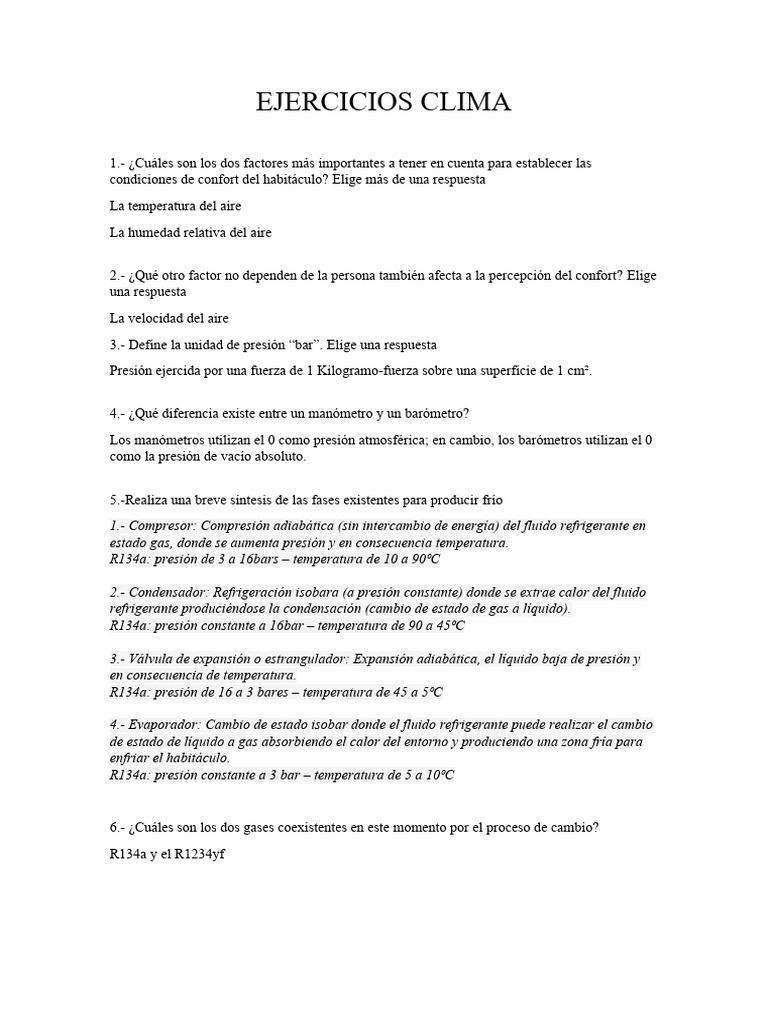 Ejercicios Clima | PDF | Presión | Fases de la materia