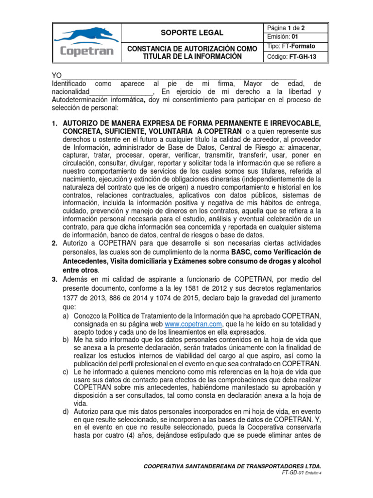 FT-GH-13 E1 Constancia de Autorización Como Titular de La Información | PDF | Información ...