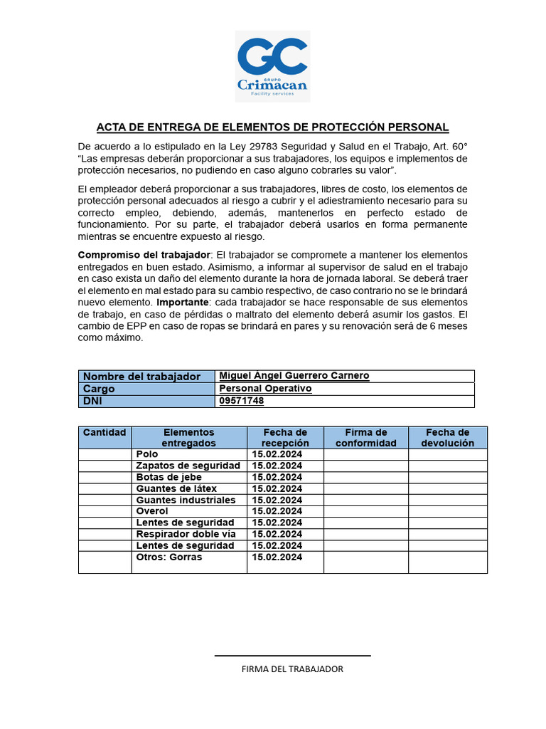 Acta de Entrega de Elementos de Proteccion Personal | PDF