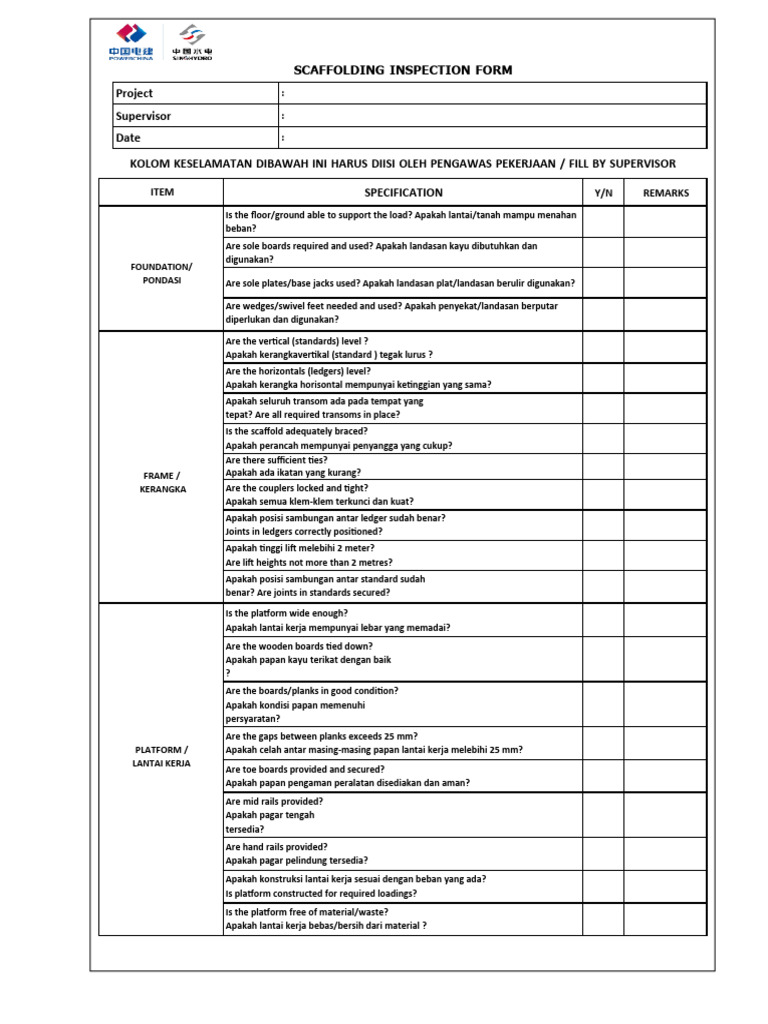 SCAFFOLDING INSPECTION FORM - Full | PDF