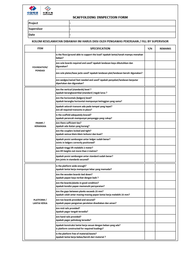 SCAFFOLDING INSPECTION FORM - Full | PDF