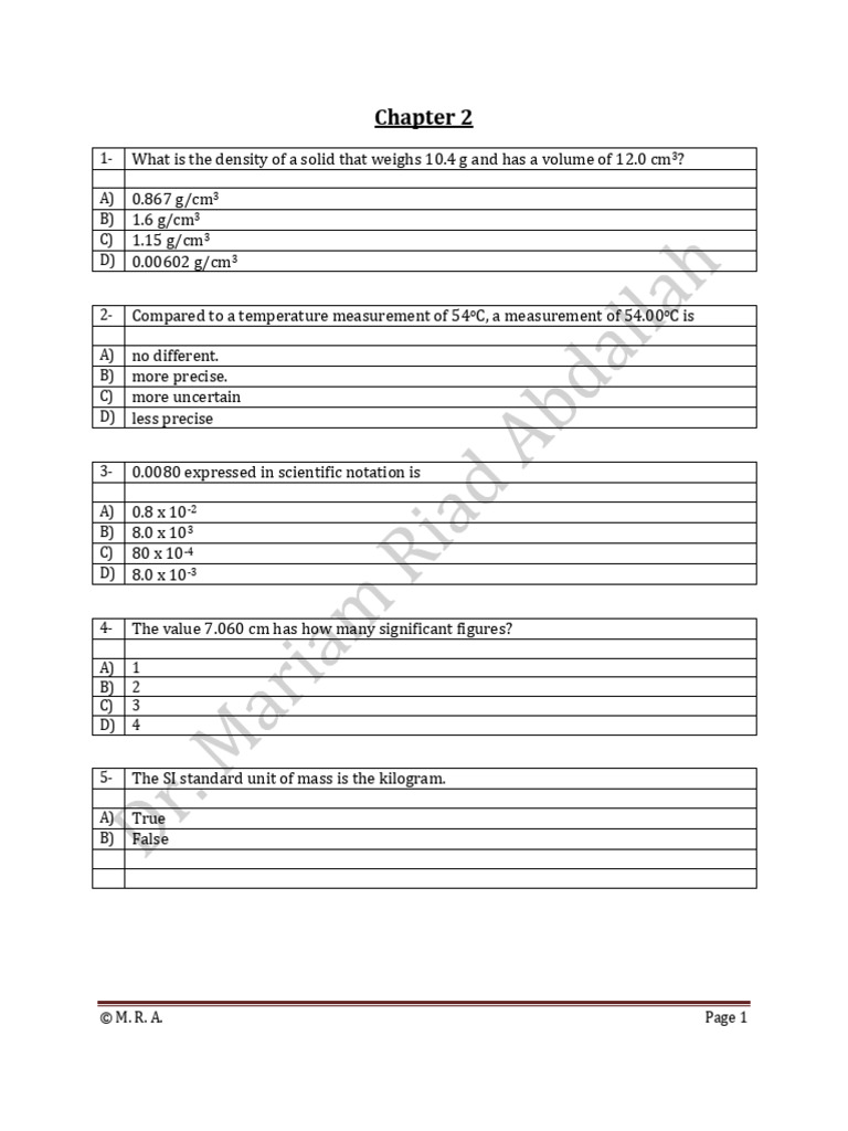 Ch2 Revision Questions | PDF | Density | Significant Figures