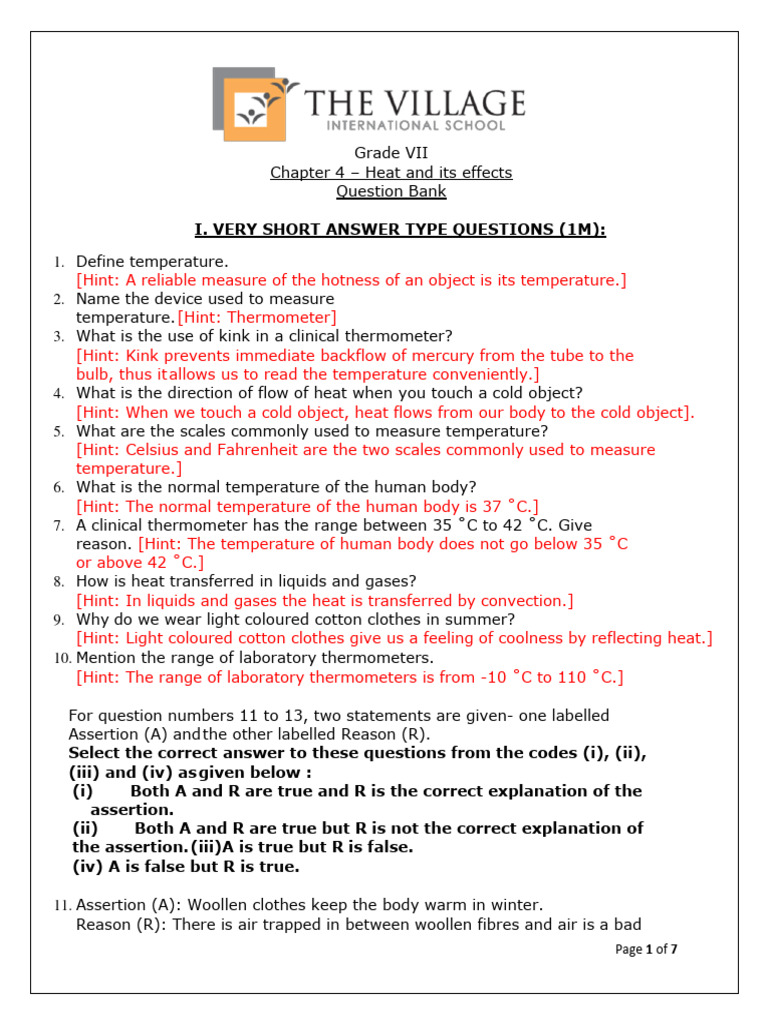 Class 7 - Science - Heat - WS | PDF | Heat | Heat Transfer