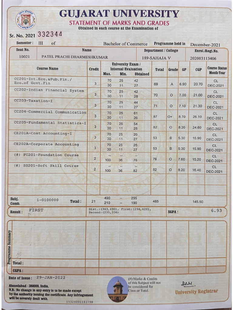 Semester 3 Mark Sheet | PDF