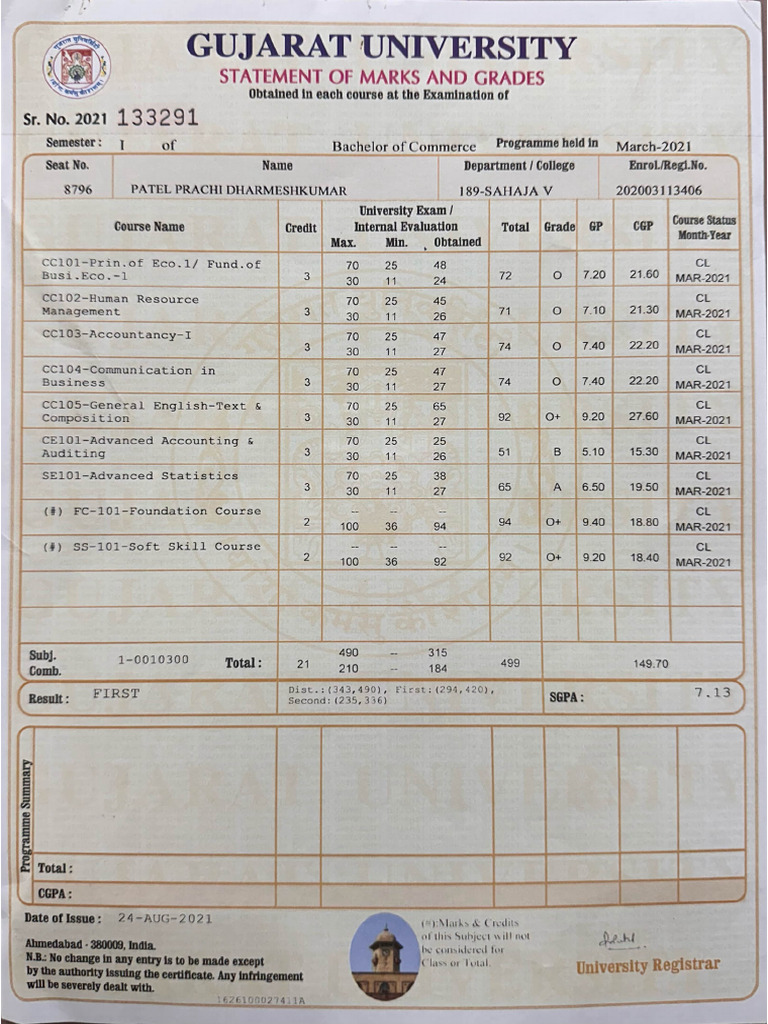 Semester 1 Marksheet | PDF