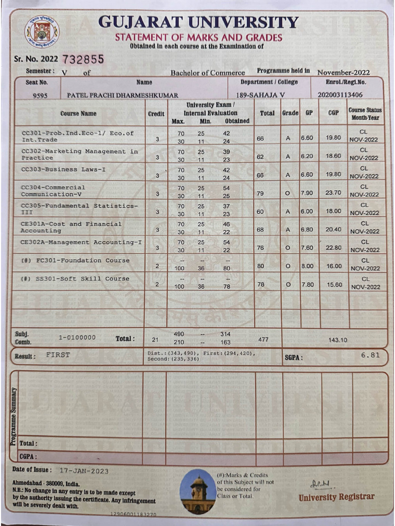 Semester 5 Mark Sheet | PDF