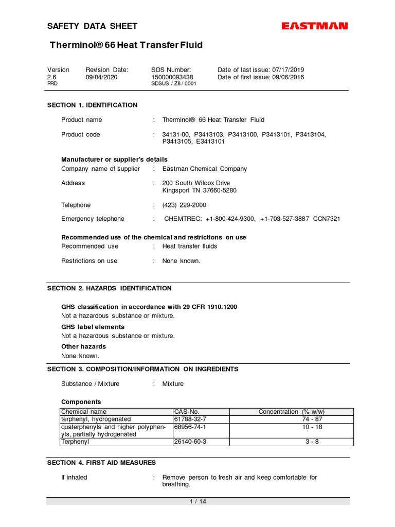 Therminol 66 Sds Eastman | PDF | Hazardous Waste | Waste