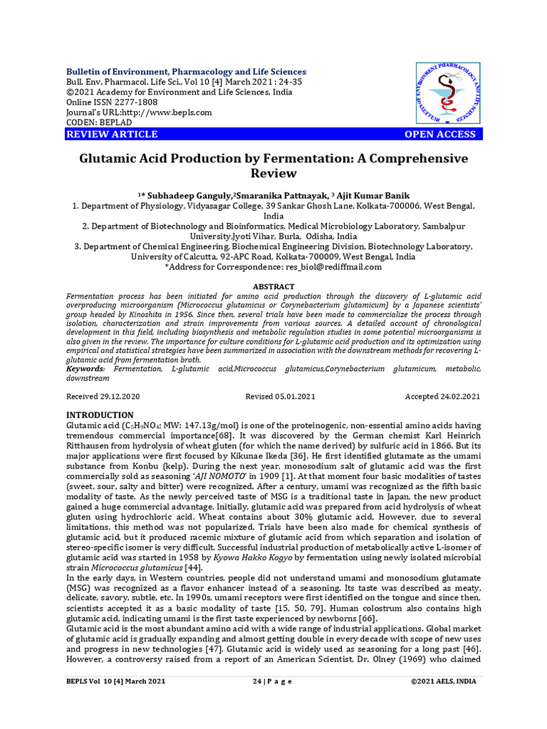 Glutamic Acid Production by Fermentation: A Comprehensive Review | PDF ...