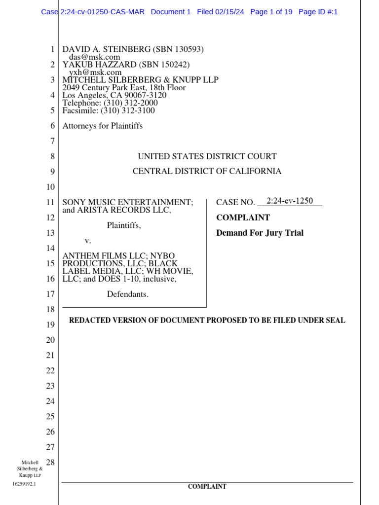 Sony v. Anthem | PDF | Injunction | Complaint