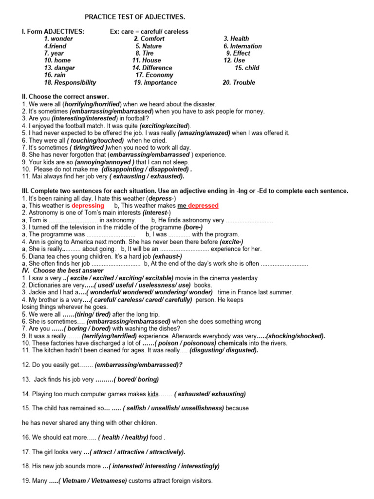 Adjective Usage Practice Test | PDF | Home & Garden