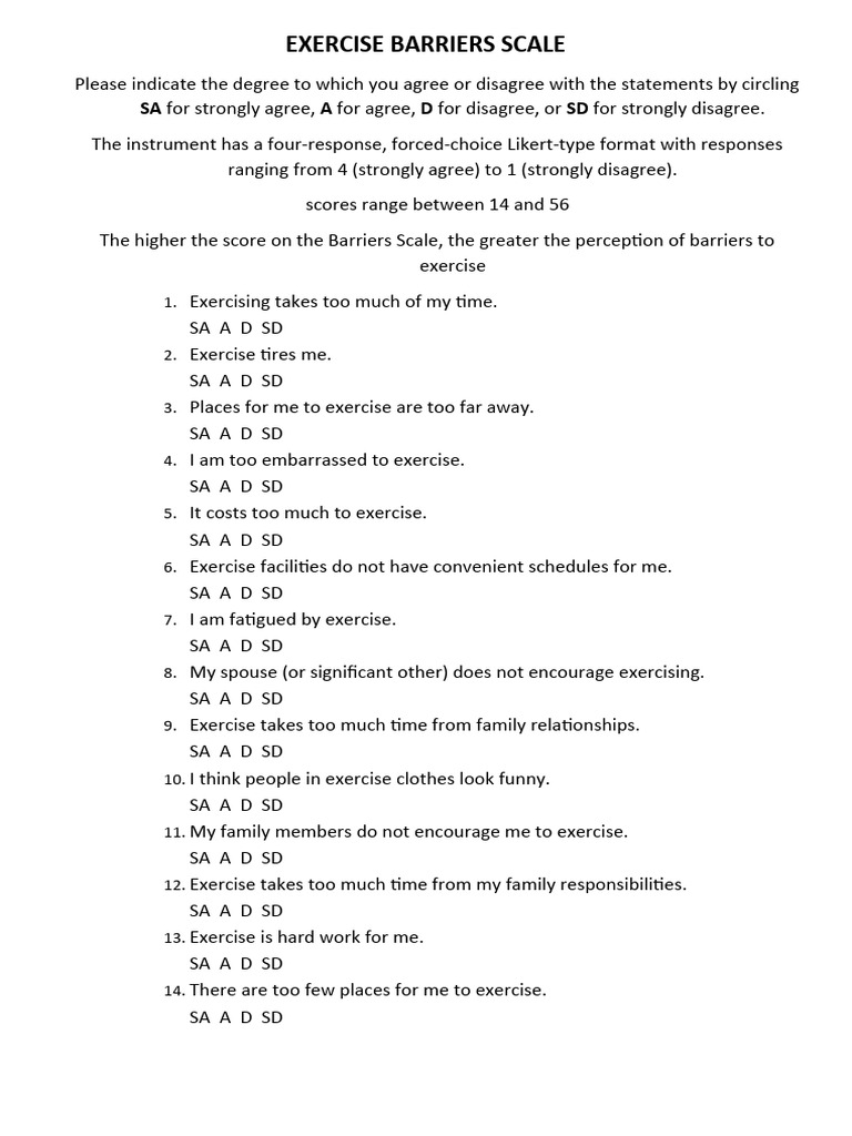 Exercise Barriers Scale | PDF