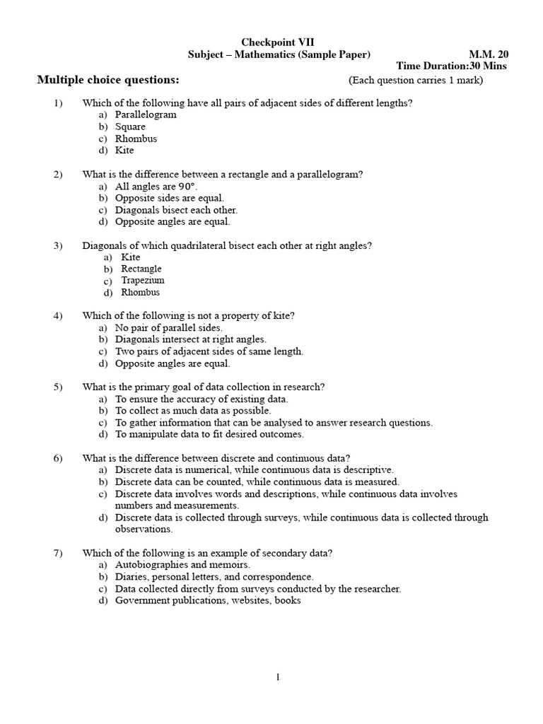 Checkpoint 7 - Mathematics - Sample Paper - MCQ 2 | PDF | Rectangle ... Checkpoint 7 - Mathematics - Sample Paper - MCQ 2 | PDF | Rectangle ...