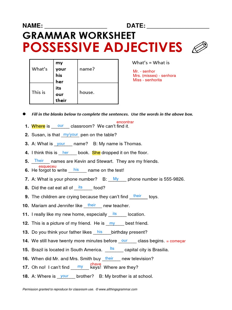 Possessive Adjectives Worksheet | PDF | Language Mechanics | Syntax
