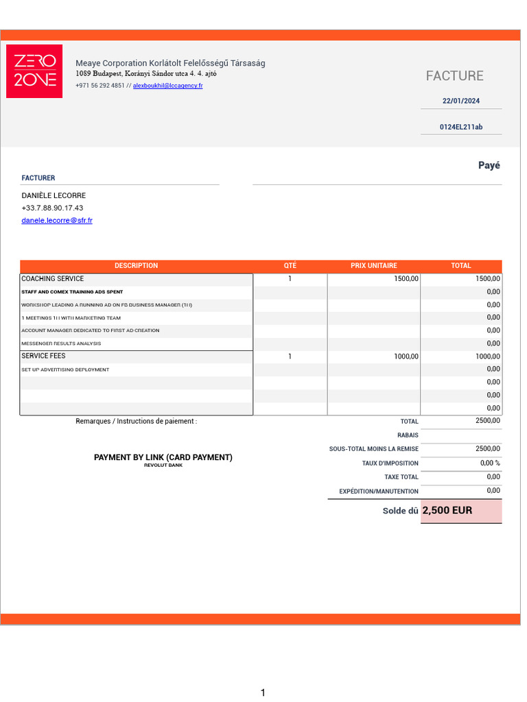 Invoice for Coaching Services - Meaye Corp | PDF | Payments | Money