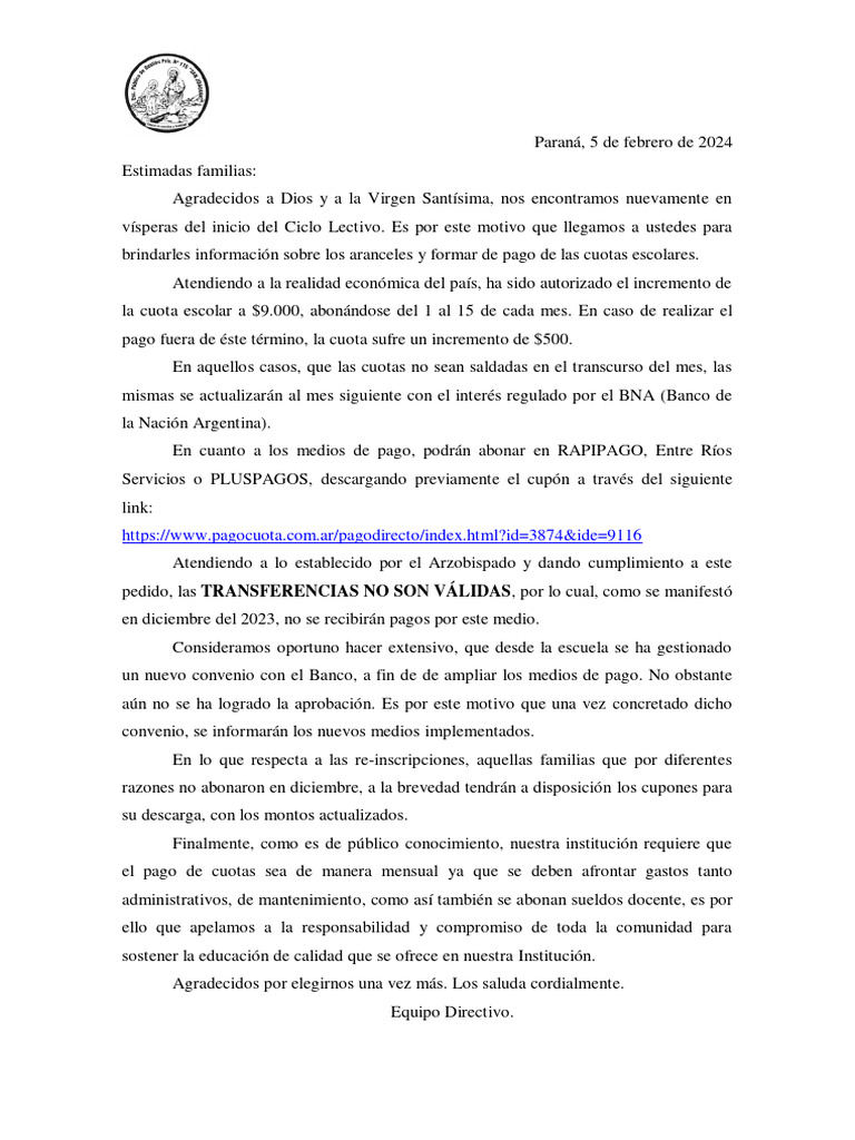 Ciclo Lectivo 2024 - CUOTAS | PDF