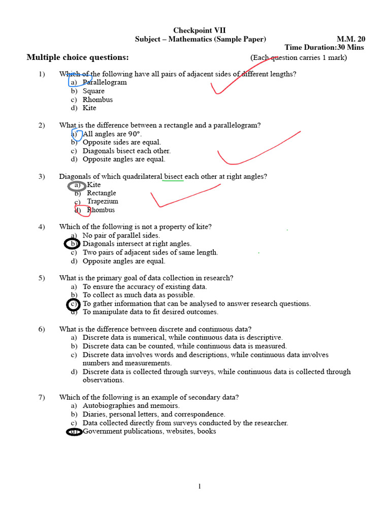 Checkpoint 7 - Mathematics - Sample Paper - MCQ | PDF | Rectangle | Elementary Geometry