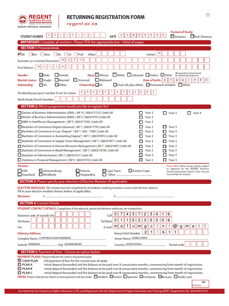 REGENT Online Returning Registration Form | PDF | Payments | Legal Liability