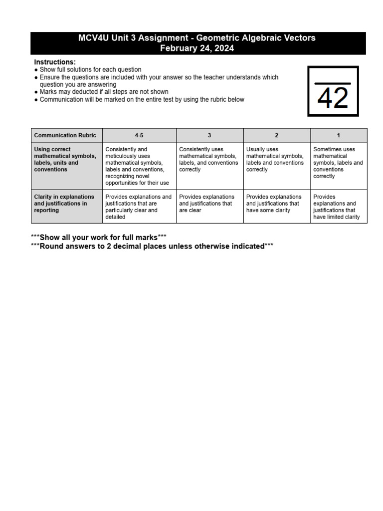 MCV4U Unit 3 Assignment Geometric Vectors 20240224 | PDF | Euclidean Vector | Force