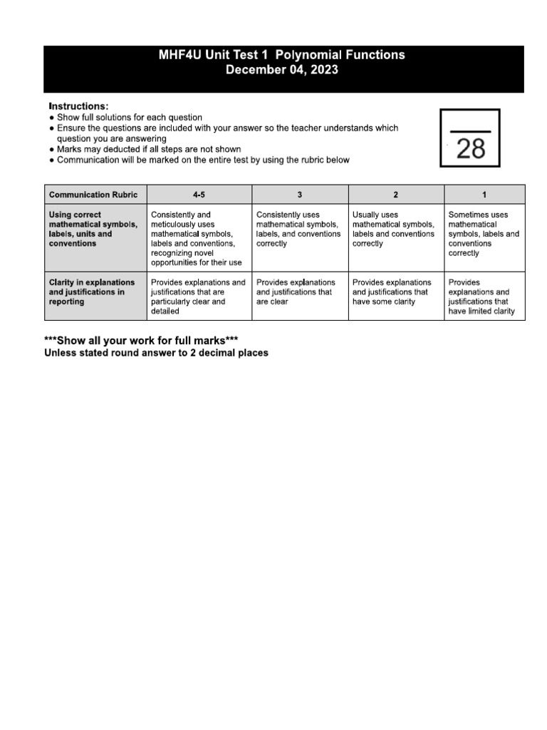 MHF4U Unit Test 1 Polynomial Functions 20231204 | PDF MHF4U Unit Test 1 Polynomial Functions 20231204 | PDF