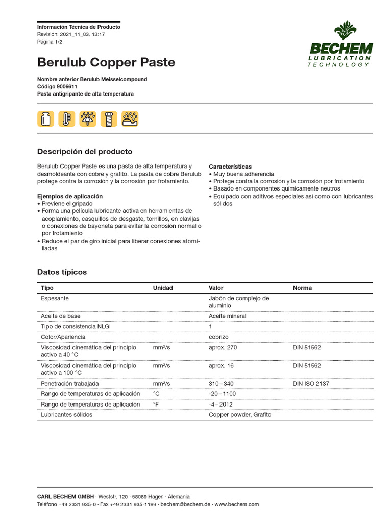 Pasta Antigripaje Berulub Copper | PDF | Rodamiento (Mecánico) | Lubricante