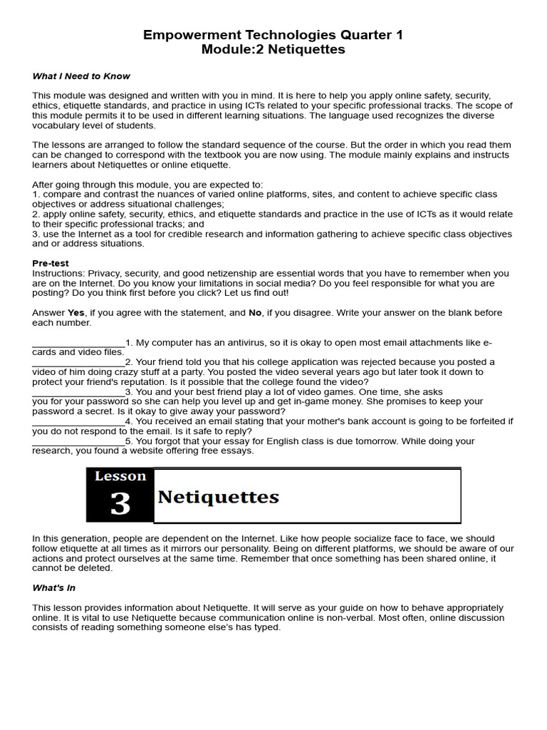 Empowerment Technologies Q1 MODULE 3 | PDF | Internet | Communication Empowerment Technologies Q1 MODULE 3 | PDF | Internet | Communication