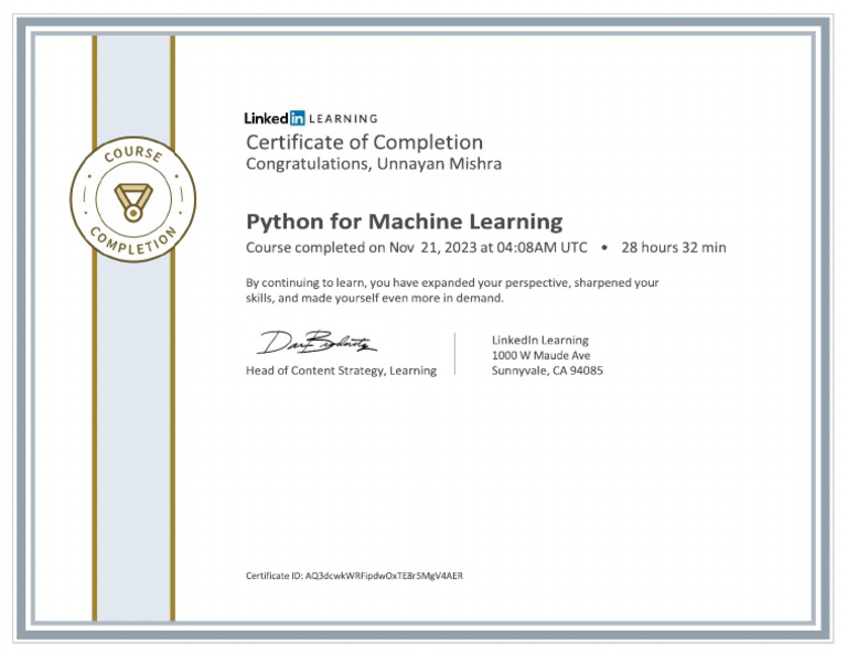 CertificateOfCompletion Python For MachineLearning | PDF
