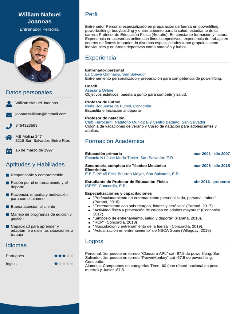 CV William Nahuel Joannas 2 | PDF | Aptitud física
