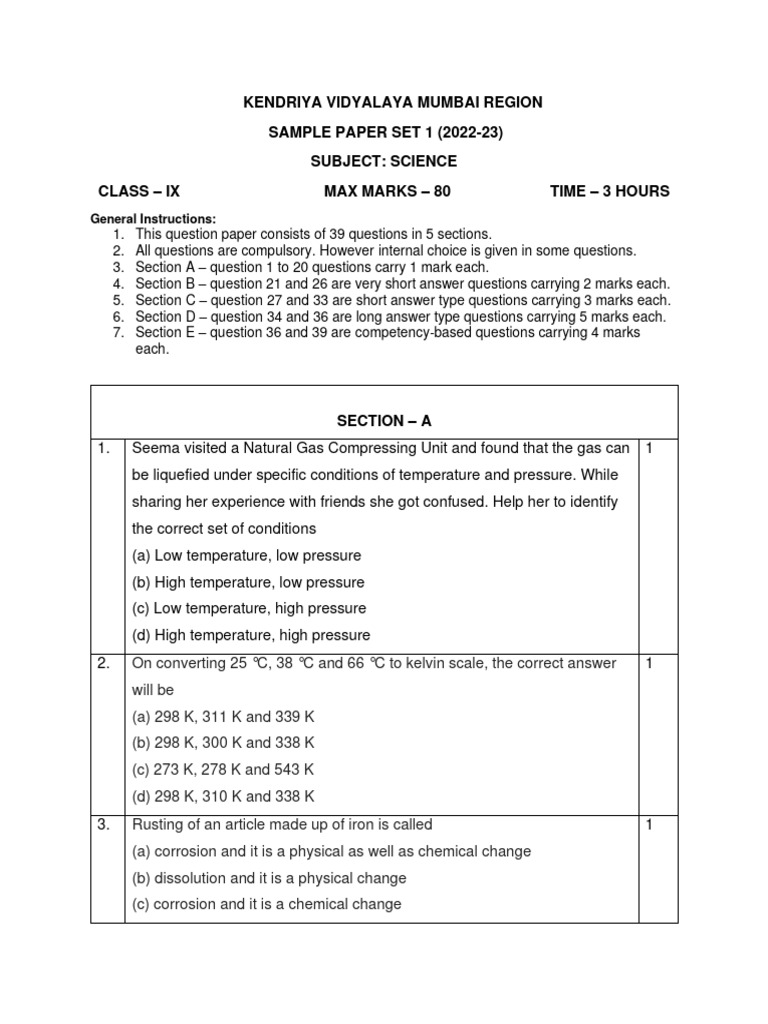 Class Ix Science Sample Paper KV Chandrapur | PDF | Mixture | Suspension (Chemistry)