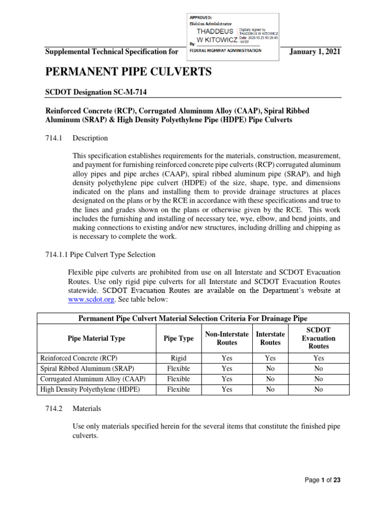 SC M 714 Permanent Pipe Culverts 010121 | PDF | Pipe (Fluid Conveyance) | Building Engineering