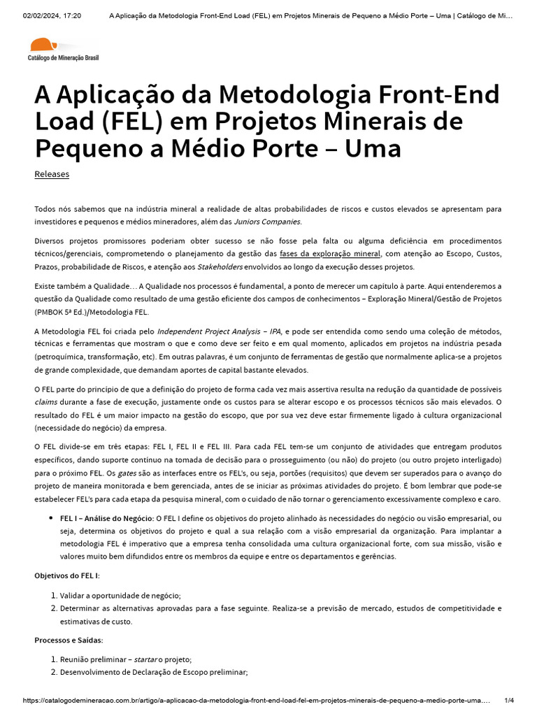 A Aplicação Da Metodologia Front-End Load (FEL) em Projetos Minerais de ...