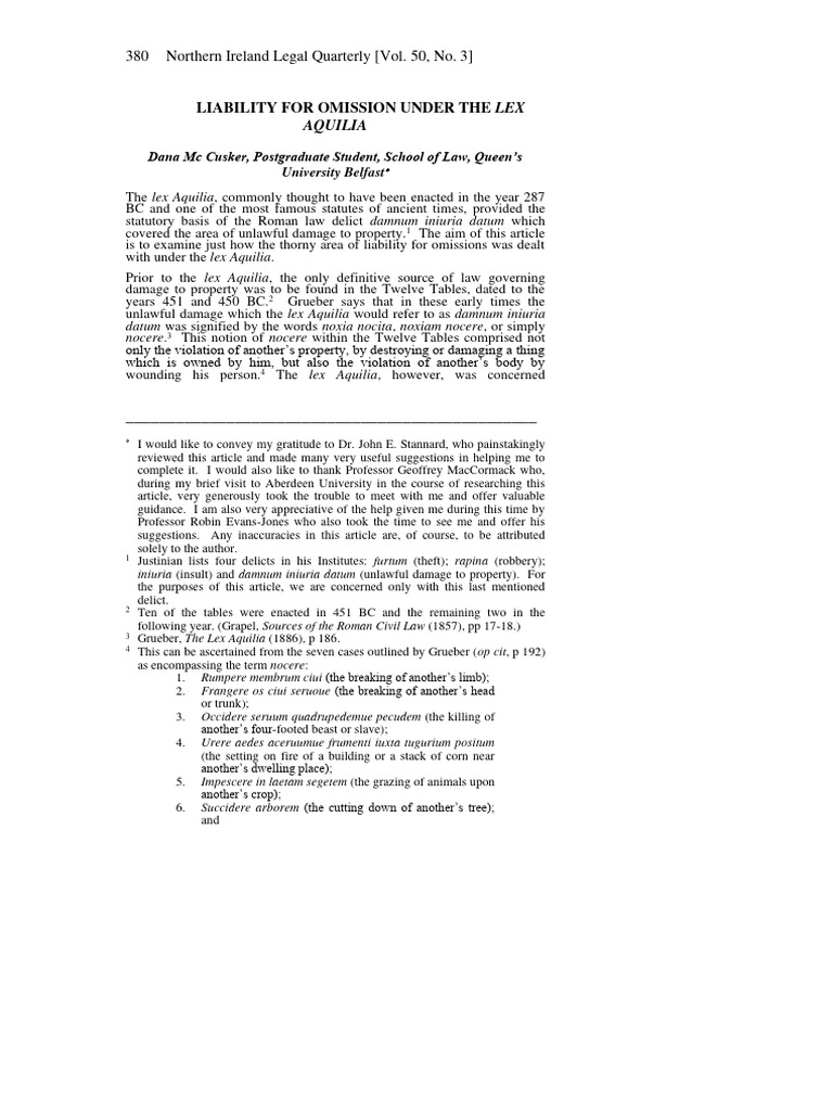 Liability For Omission Under The Lex: Northern Ireland Legal Quarterly ...