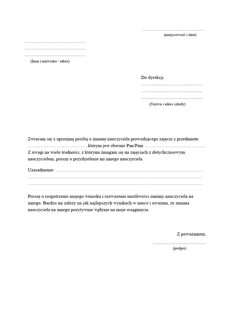 Podanie o Zmiane Nauczyciela | PDF Podanie o Zmiane Nauczyciela | PDF