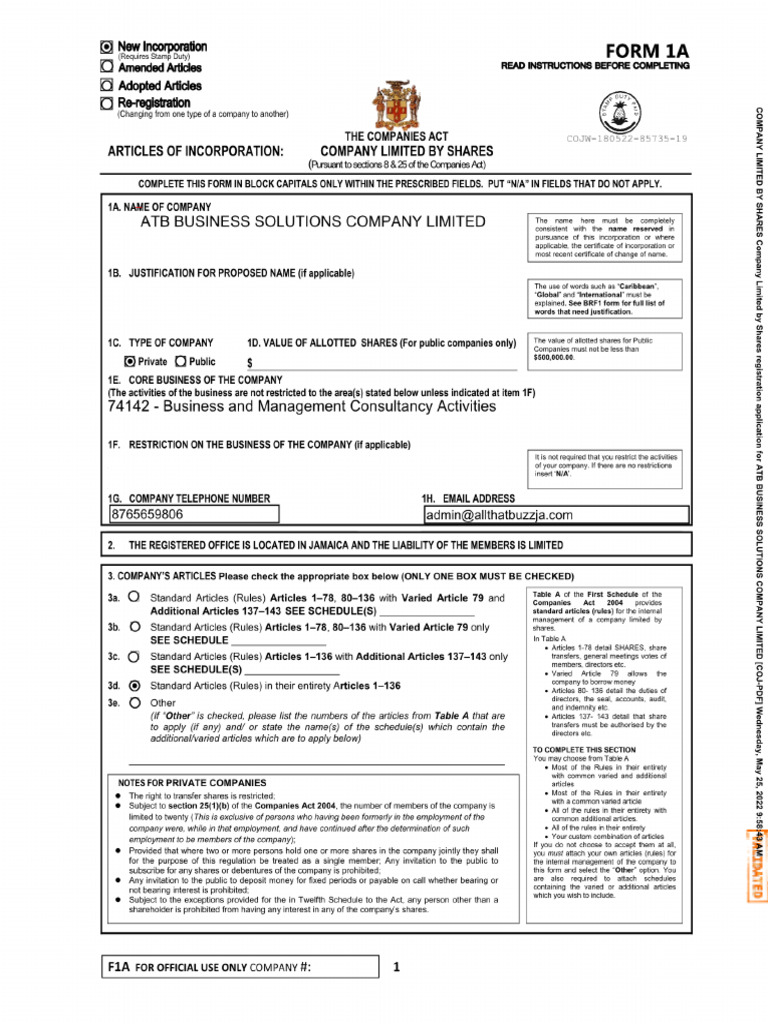 Atb Business Solutions Company Limited - 2k4-F1a Articles of ...