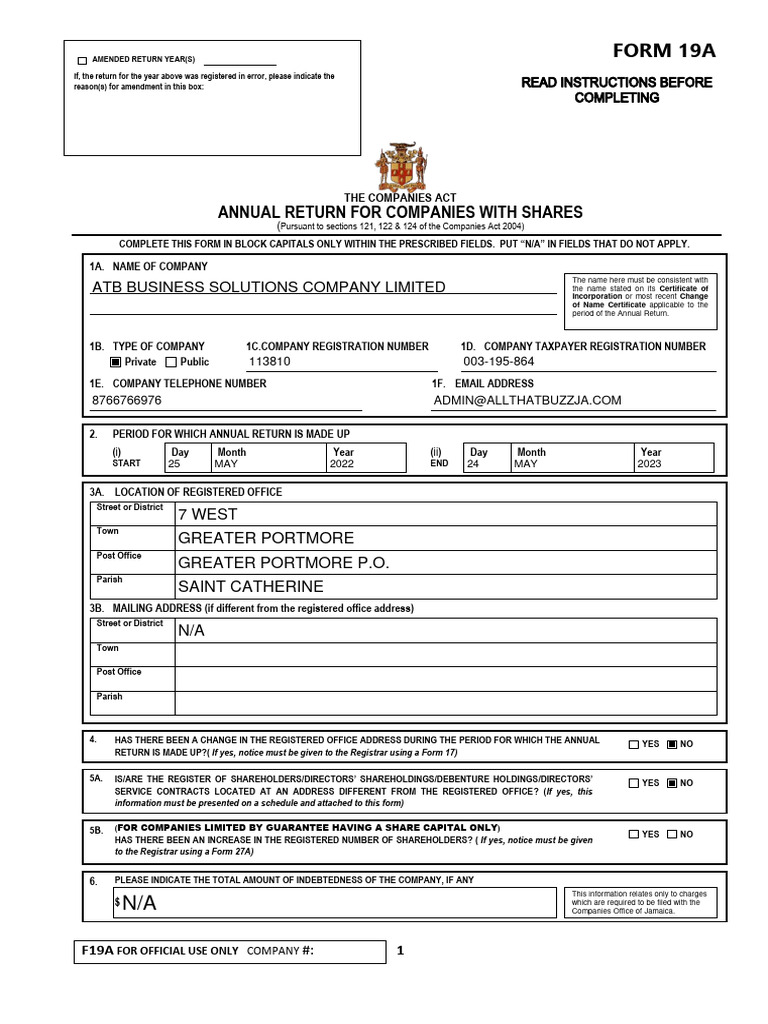 Annual Return Form 19A Overview | PDF | Privately Held Company | Companies