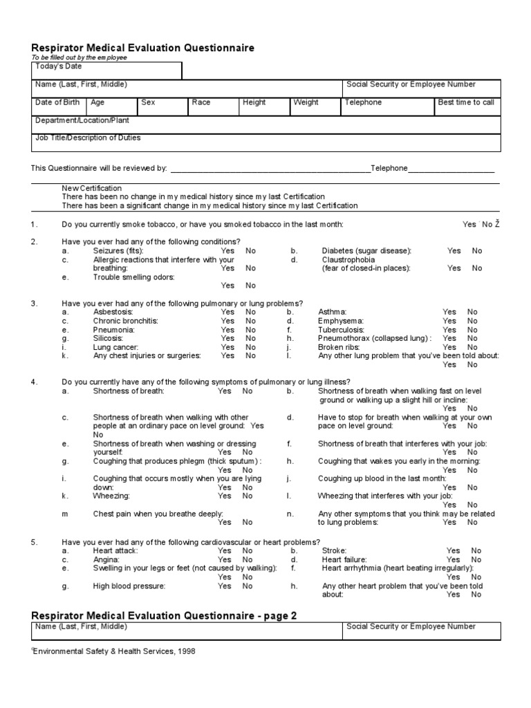Respirator Medical Evaluation Questionnaire: To Be Filled Out by The ...