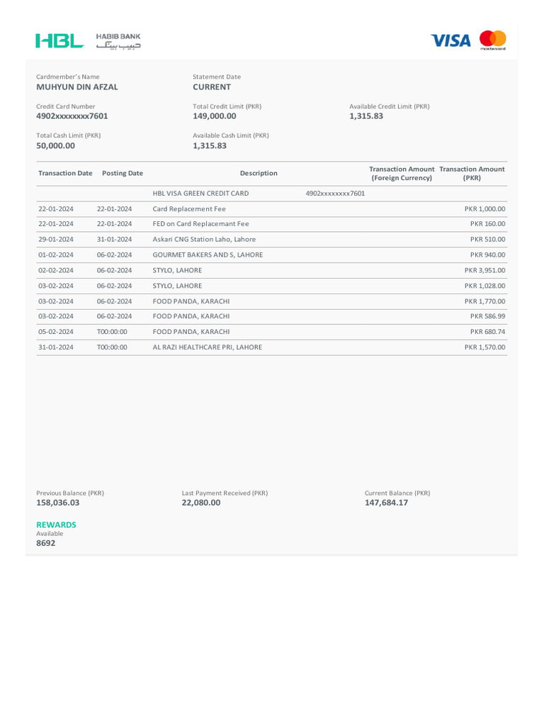 Current Credit Card Statement Summary | PDF | Credit Card | Business