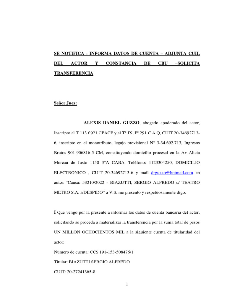Se Notifica - Informa Datos de Cuenta - Adjunta Cuil Del Actor y Constancia de Cbu - Solicita ...