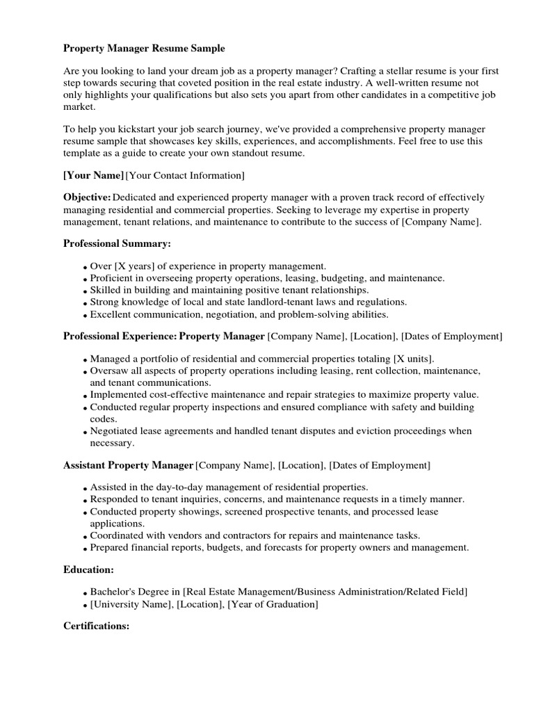 Property Manager Resume Sample | Download Free PDF | Property ...