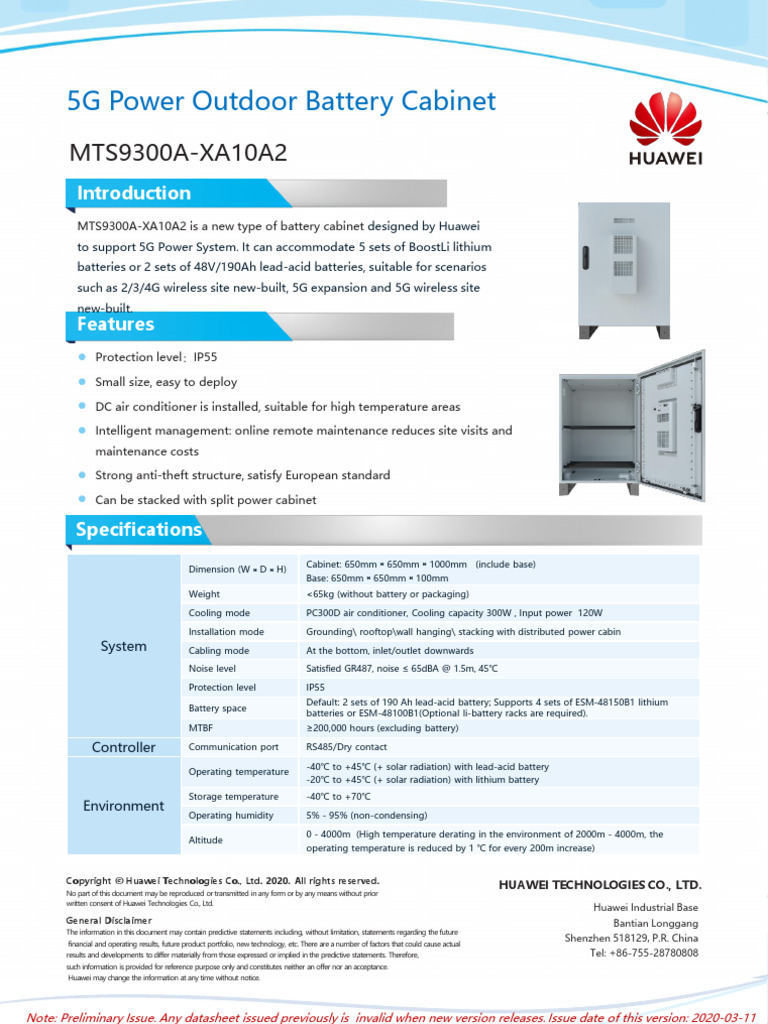 5G Power Outdoor Battery Cabinet-MTS9300A-XA10A2 Datasheet | PDF | Energy Storage | Physical ...