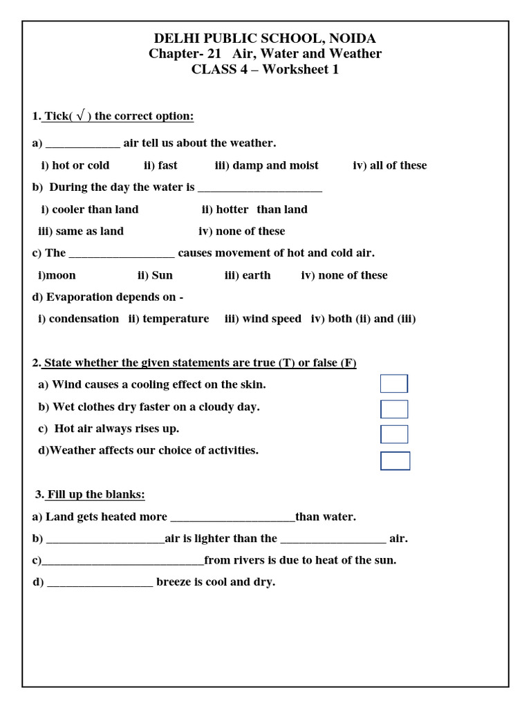 Class 4 Air, Water, and Weather Worksheet | PDF | Water Vapor | Air ...