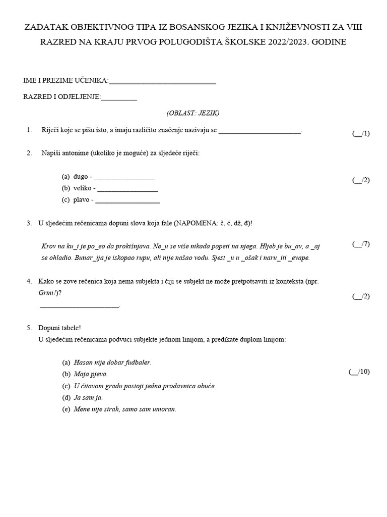 Zadatak Objektivnog Tipa Iz Bosanskog Jezika I Književnosti Za Viii ...