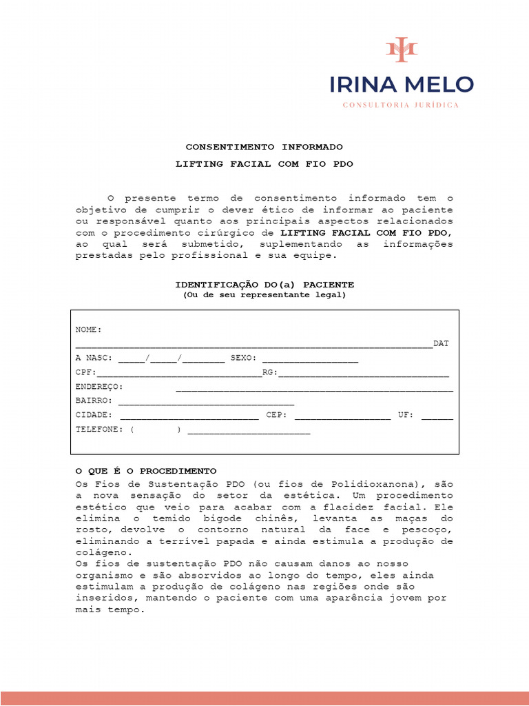 Termo de Consentimento Livre e Esclarecido Fios de Pdo | PDF | Especialidades médicas | Medicina ...
